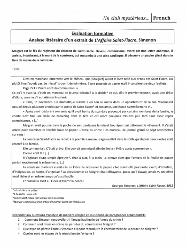 Analyse de Texte Dirigée L Affaire Saint Fiacre | PDF