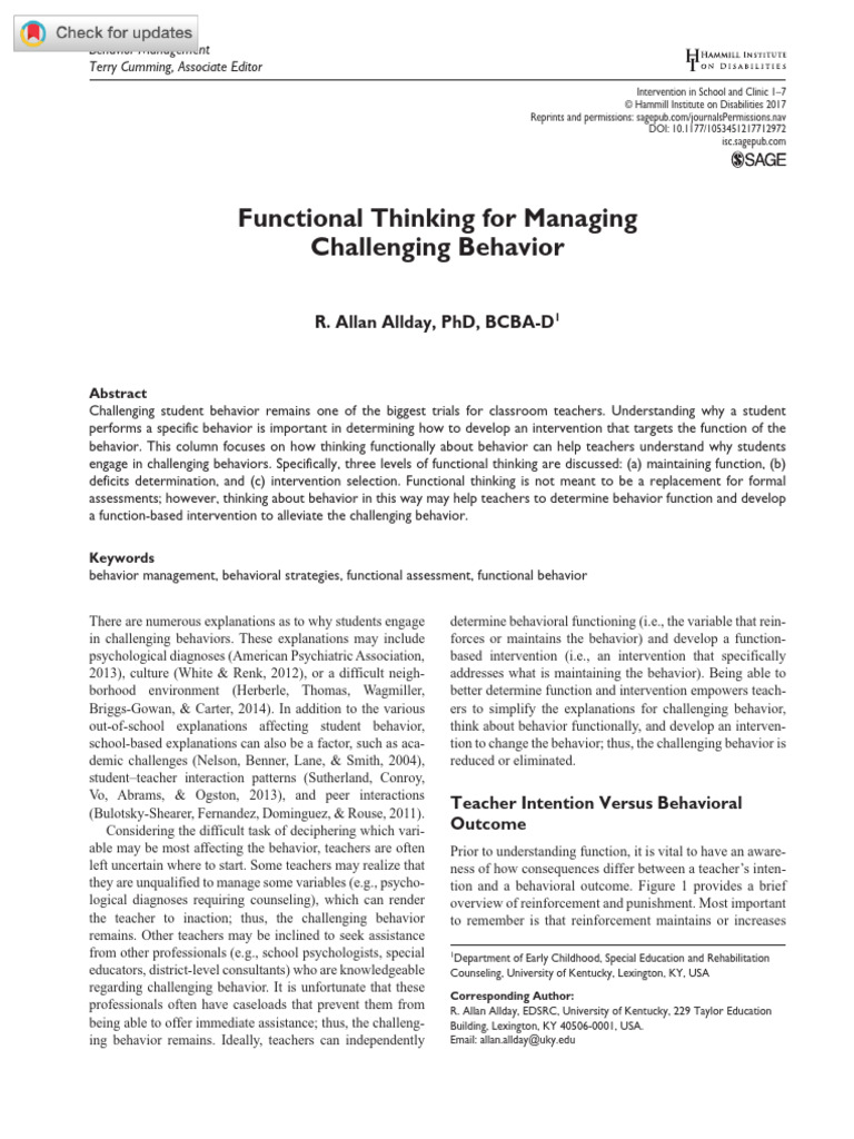 Functional Thinking For Managing Challenging Behavior | PDF | Reinforcement | Intention