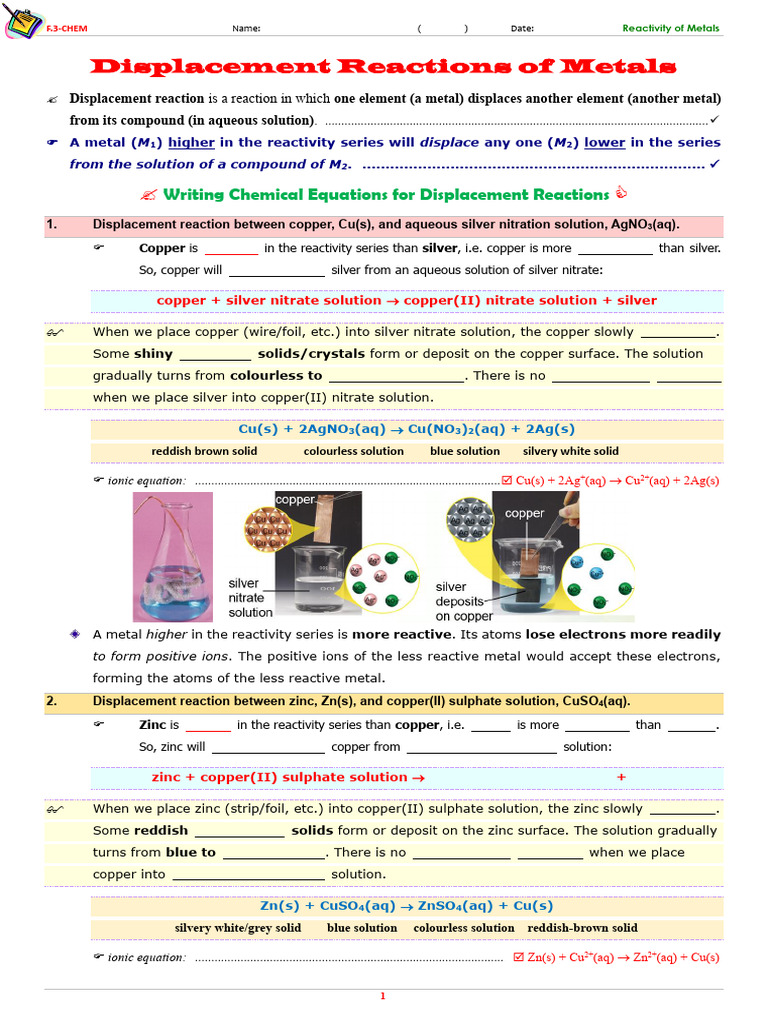 Displacement Reactions of Metals Explained | PDF | Silver | Chemical ...