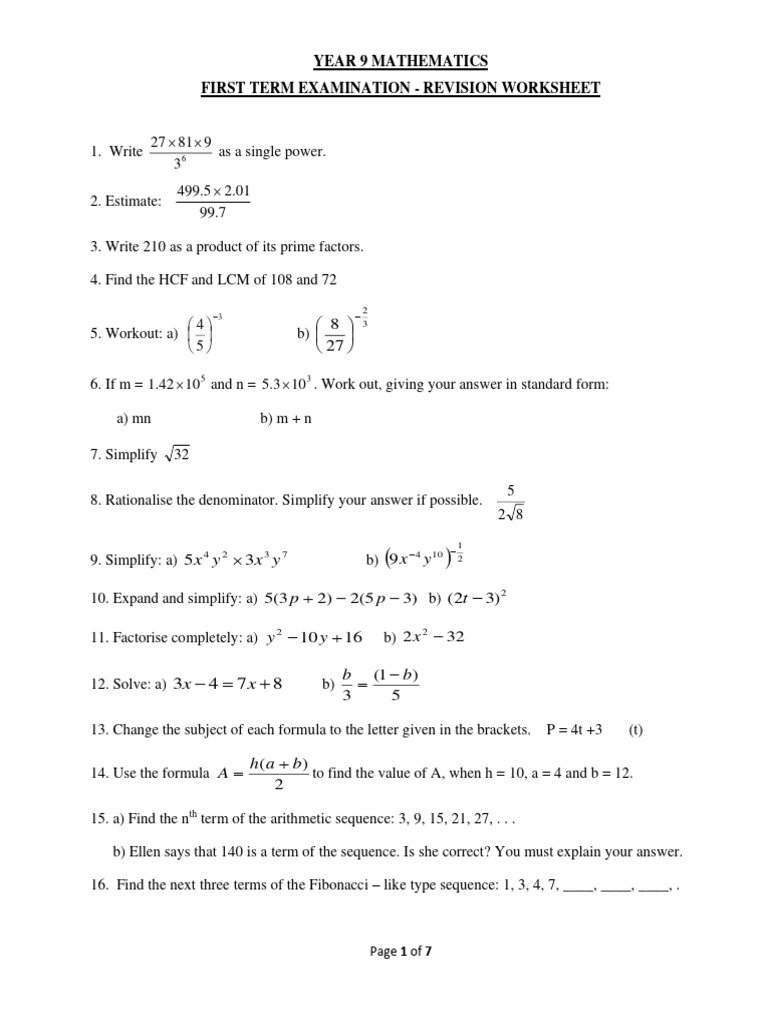 Year 9 Maths Revision Worksheet | PDF | Paper | Elementary Mathematics