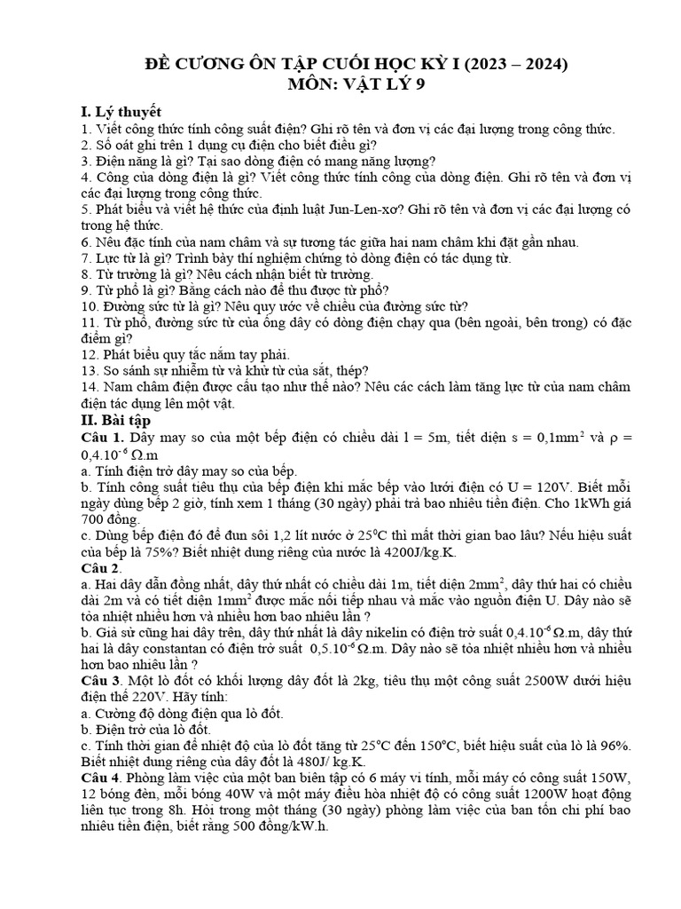 Đề cương Lý 9 Cuối HKI | PDF