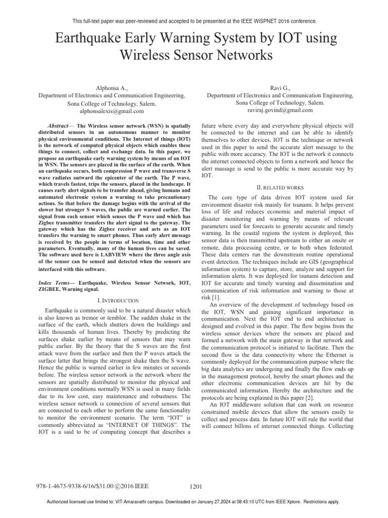 Earthquake Early Warning System by IOT Using Wireless Sensor Networks | PDF