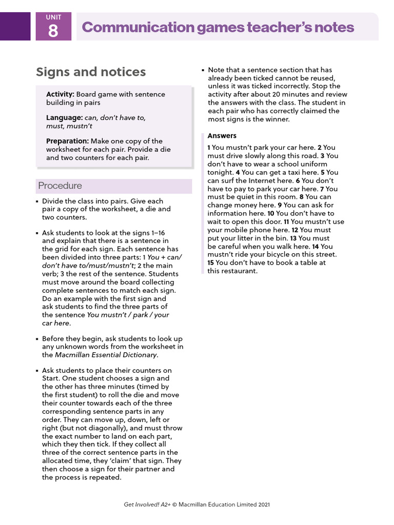 GI A2PLUS Communication Games U8 Teacher's Notes | PDF