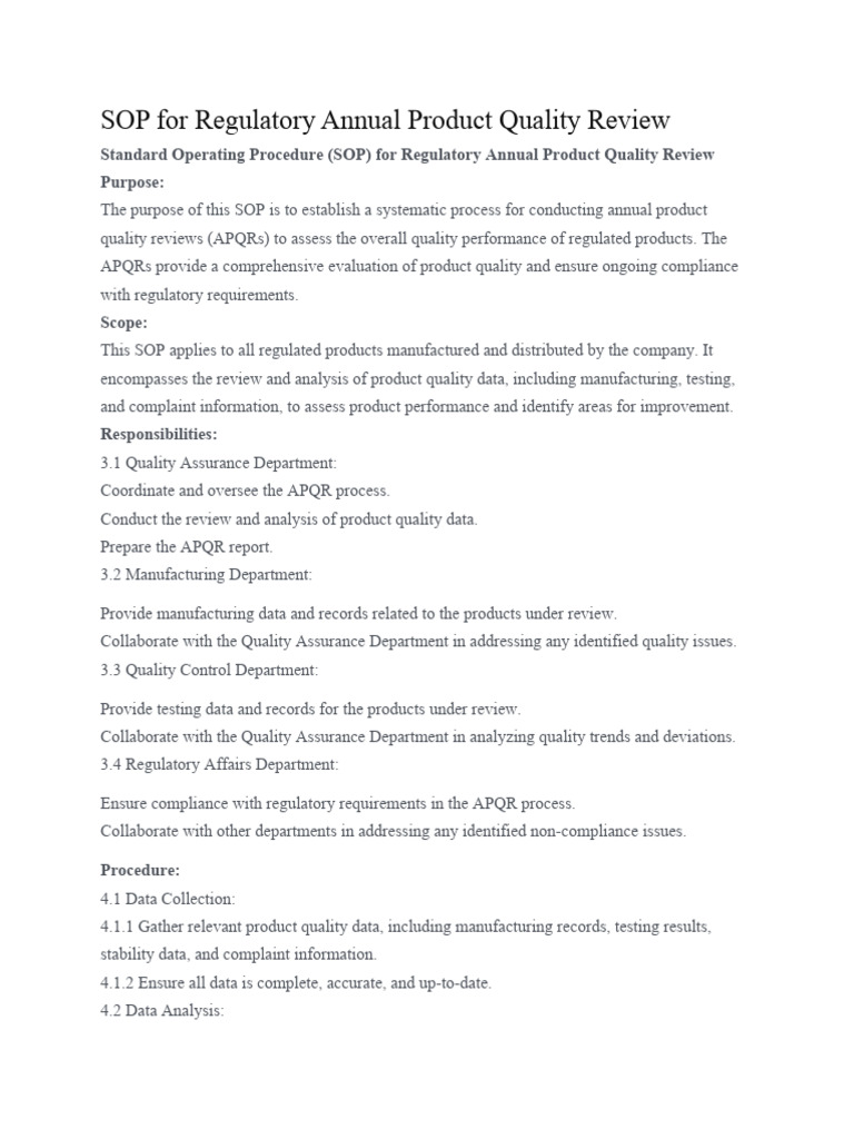 SOP For Regulatory Annual Product Quality Review | PDF | Quality ...