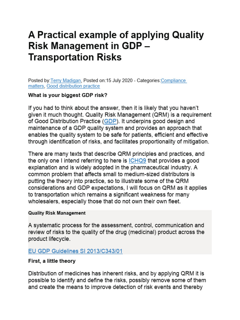 A Practical Example of Applying Quality Risk Management in GDP | PDF ...