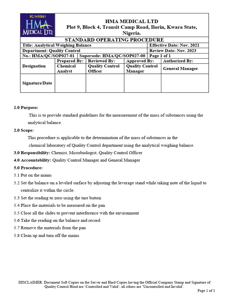 SOP 027 - Analytical Weighing Balance (AutoRecovered) | PDF | Chemistry ...