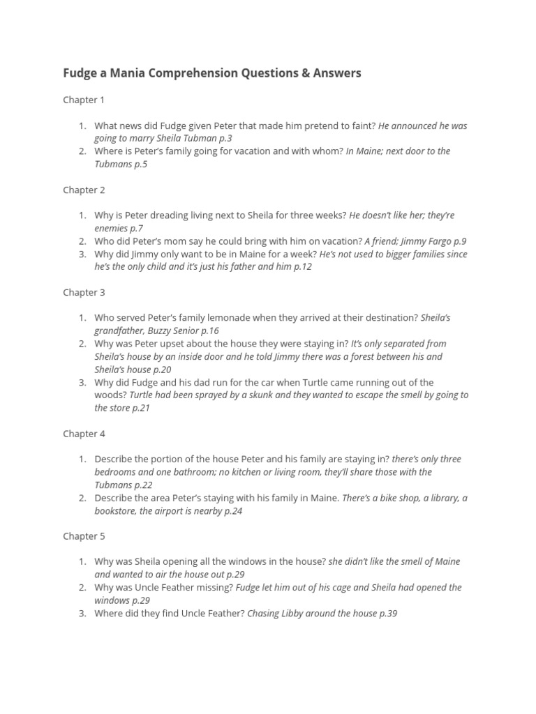 Fudge A Mania Comprehension Questions | PDF
