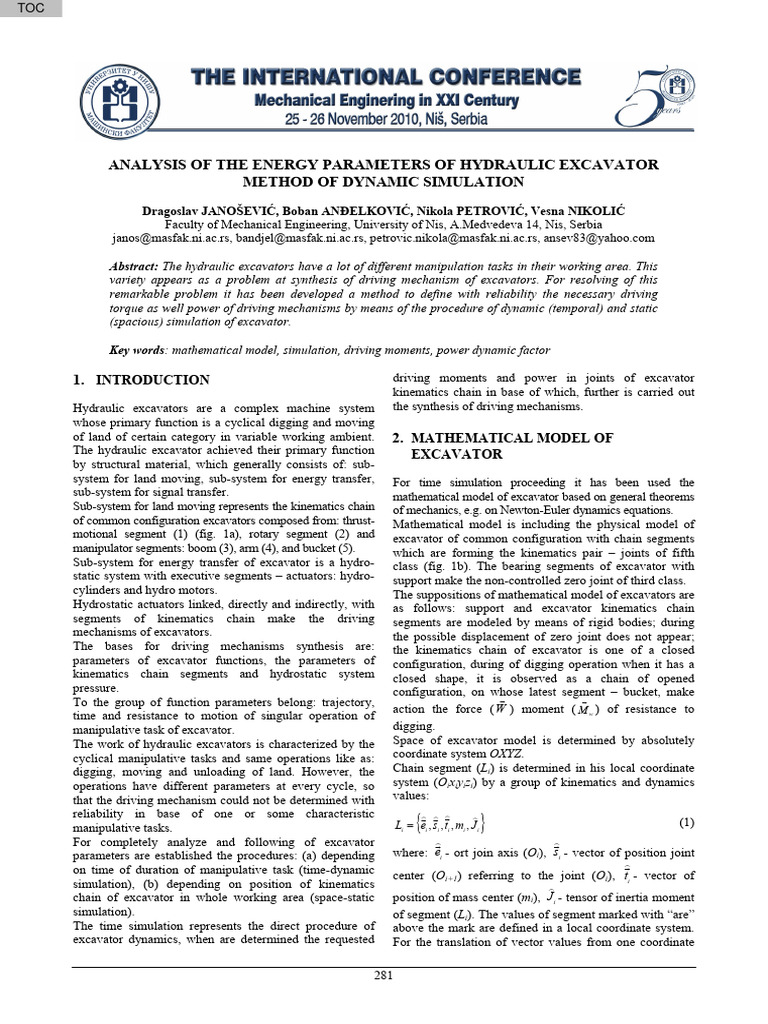 Analysis of The Energy Parameters of Hydraulic Excavator | PDF | Kinematics | Mathematics