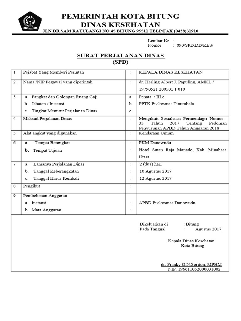 Pemerintah Kota Bitung Dinas Kesehatan: Surat Perjalanan Dinas (SPD) | PDF