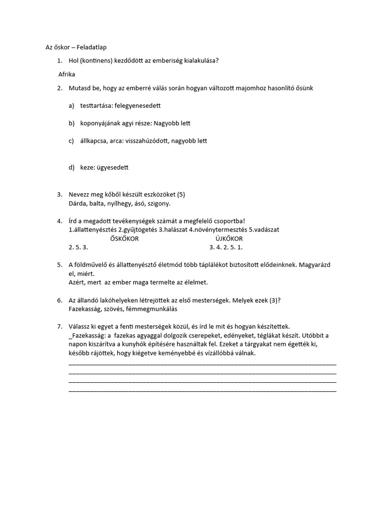 Az Őskor Feladatlap | PDF