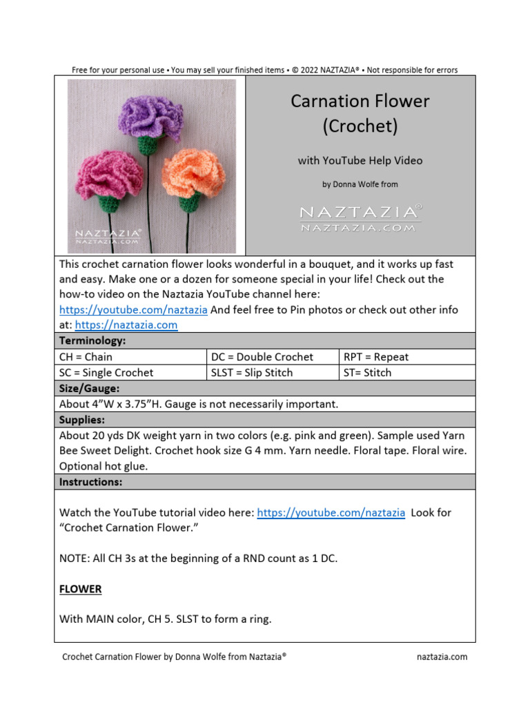 Crochet Carnation Flower Pattern | PDF | Crochet | Figured Fabrics
