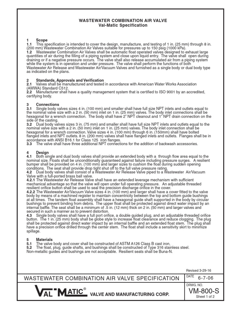 AL Atic: Wastewater Combination Air Valve Val-Matic Specification | PDF