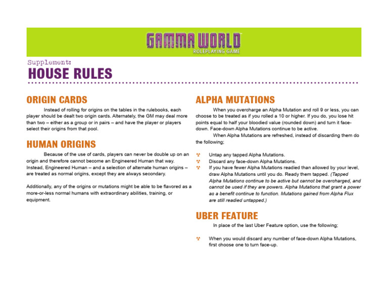 Gamma World 7E House Rules | PDF | Tabletop Games | Ephemera