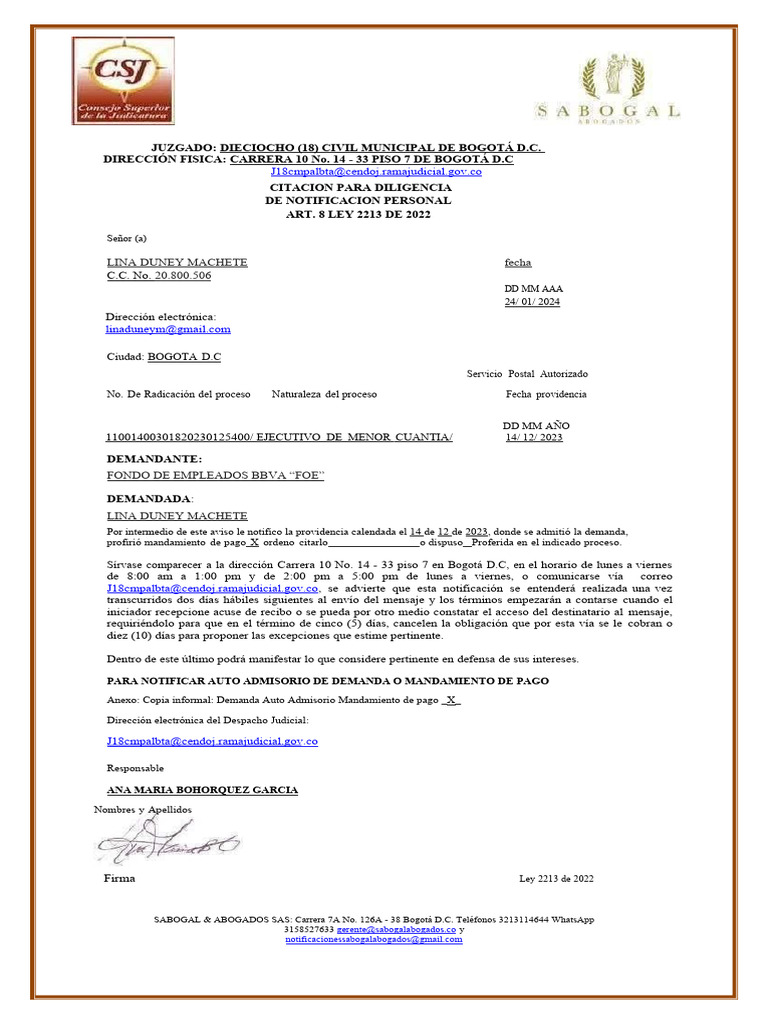 Notificacion Art 8 Ley 2213 Julian Suaza Herrera | PDF