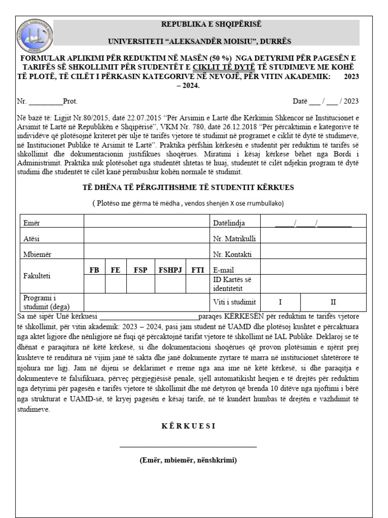 Formulari Per Reduktimin Nga Tarifa e Shkollimit Viti Akademik 2023 ...