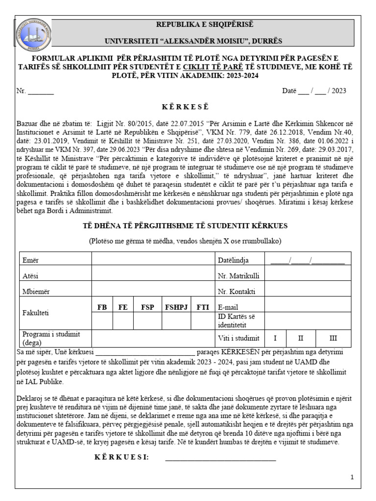 Formular Per Perjashtim Nga Tarifa 2023 2024. Bachelor | PDF