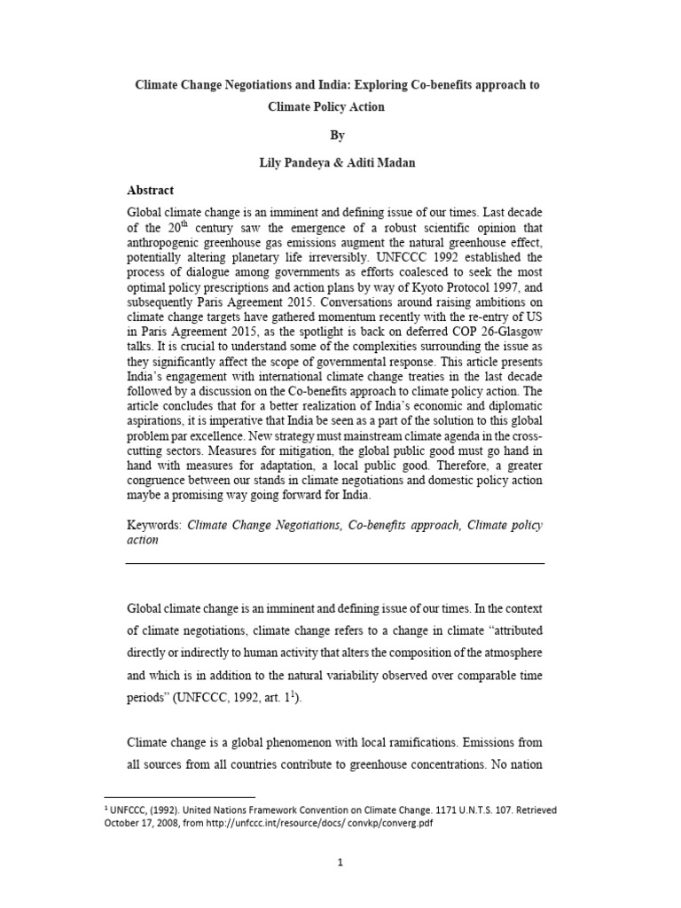 Climate Change Negotiations and India: Exploring Co-Benefits Approach ...