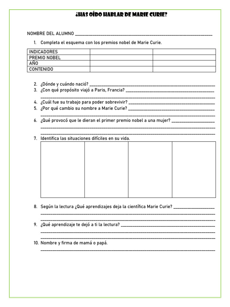Actividades sobre Marie Curie para Niños | PDF