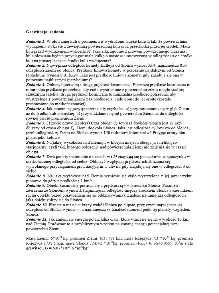 Grawitacja Zadania ELT | PDF