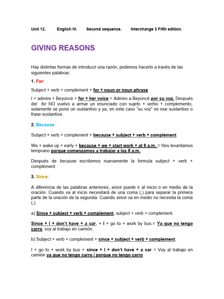Unit 12 Giving Reasons Grammar Explanation | PDF | Tipología ...