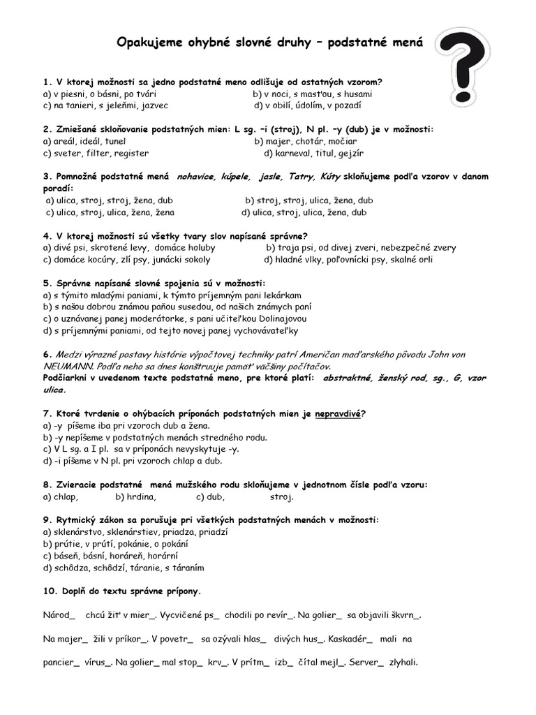 Ohybné Slovné Druhy - Pracovné Listy | PDF