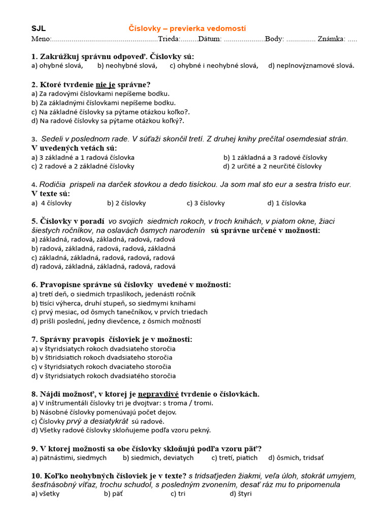 SJL 7,8,9 Číslovky - Previerka Vedomostí | PDF