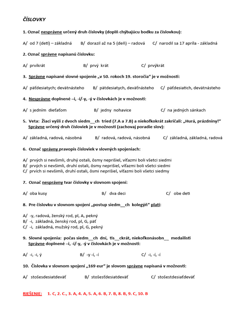 ČÍSLOVKY - Rýchly Testík - S Riešením | PDF