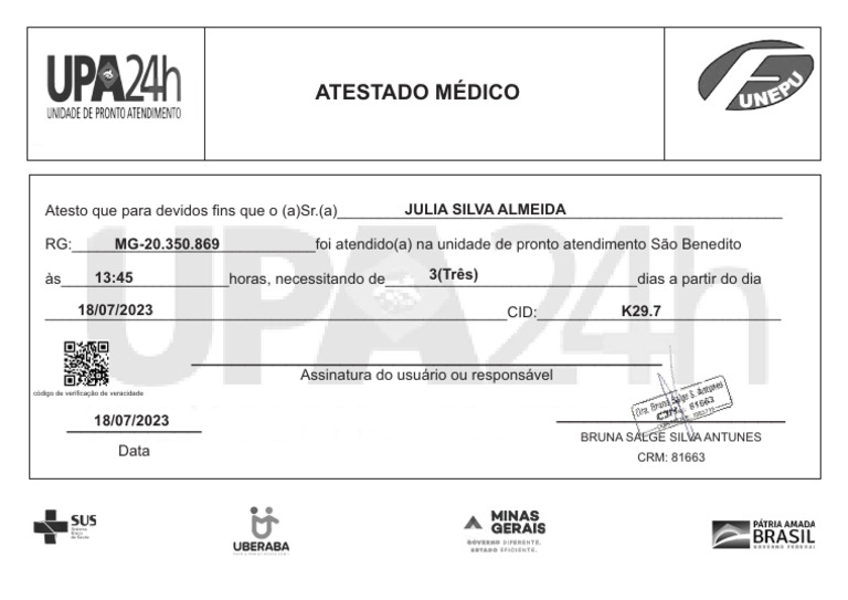 Atestado Upa São Benedito | PDF