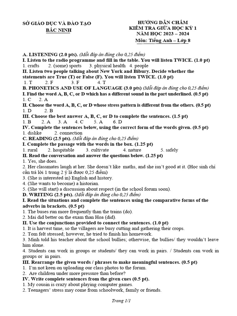 HDC Đề Anh 8 GK1 2023 2024 | PDF | Linguistics | Human Communication
