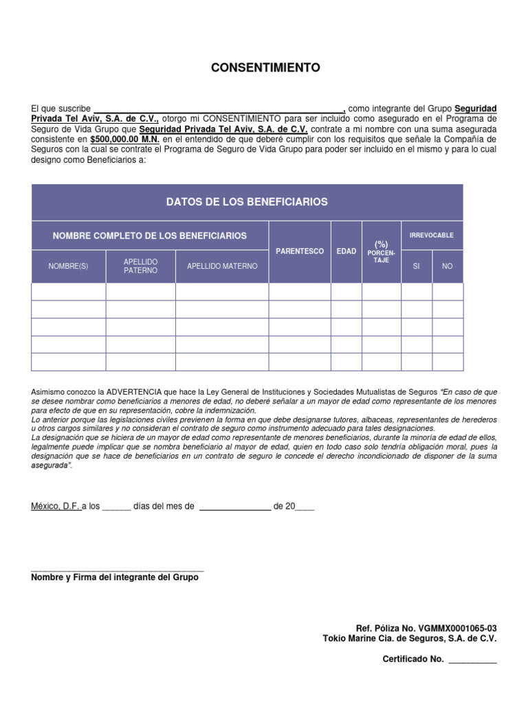 Tokio Marine - Formato Consentimiento Individual Seg Priv Tel Aviv | PDF