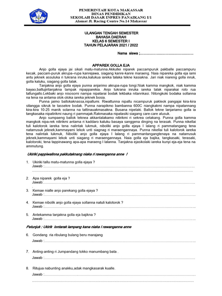 PTS Bahasa Makassar KLS.6 2021 | PDF