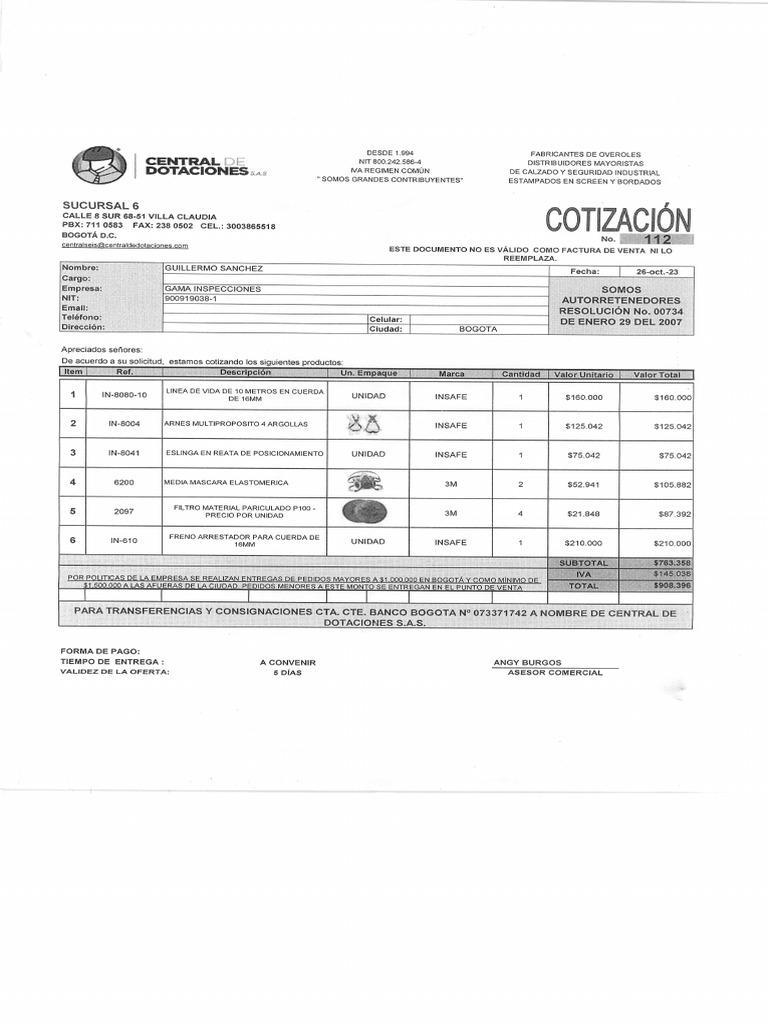 Cotizacion Central de Dotaciones | PDF Cotizacion Central de Dotaciones | PDF
