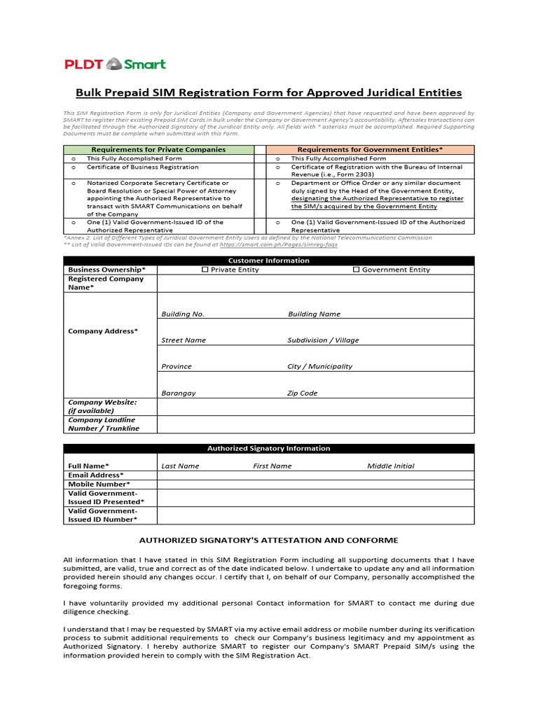 Bulk SIM Registration for Juridical Entities | PDF | Identity Document ...