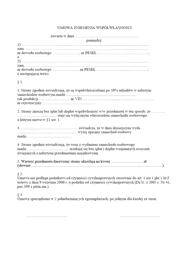 Umowa Zniesienia Wspolwlasnosci Auta | PDF