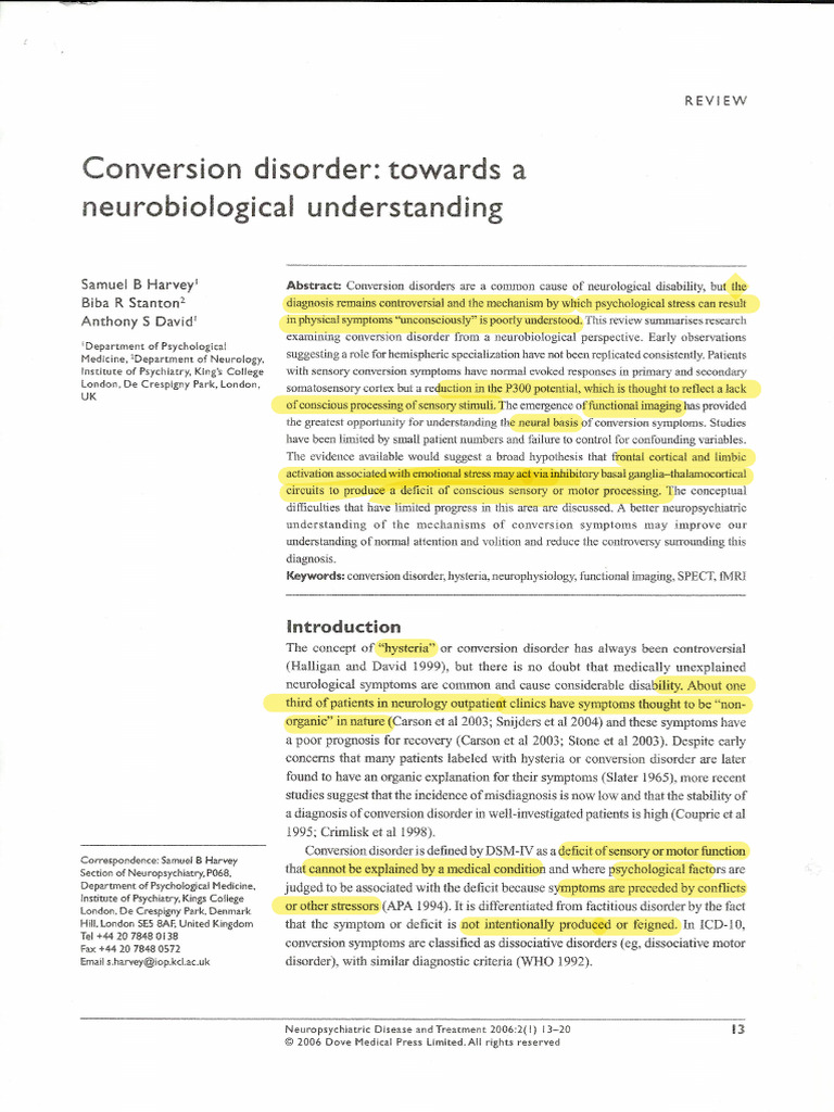 HARVEY Conversion Disorder | PDF