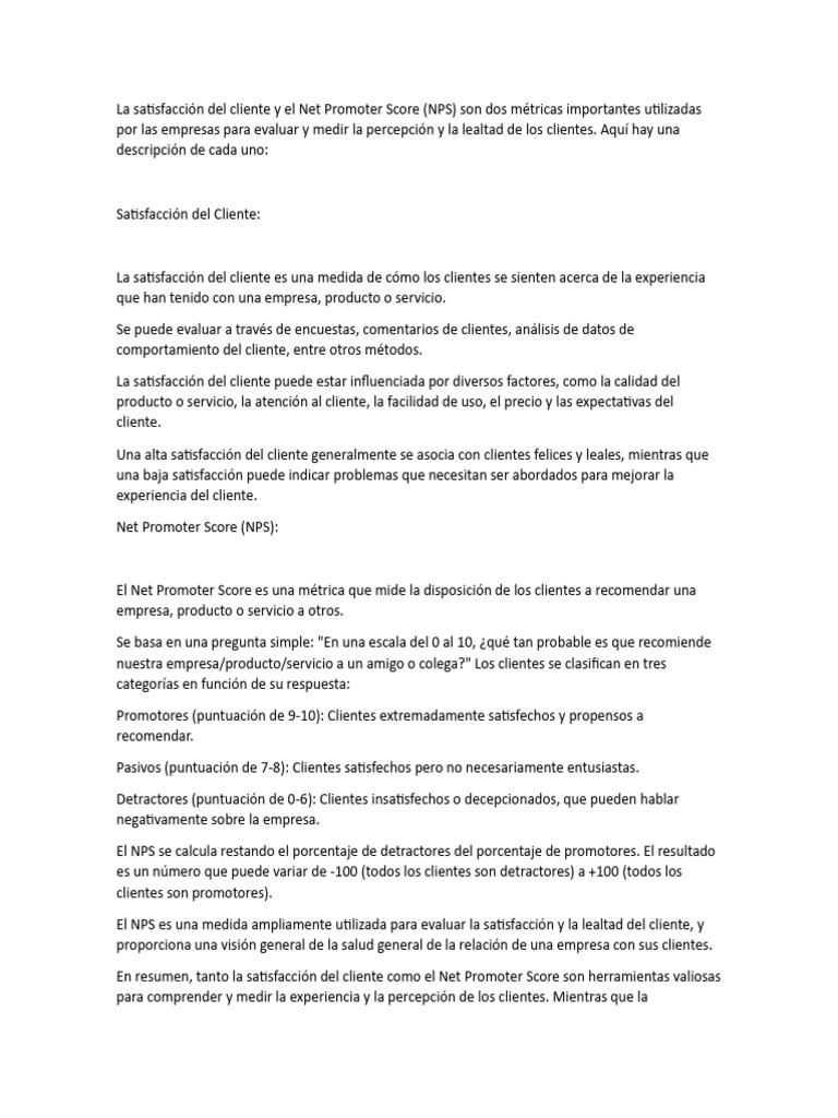 La Satisfacción Del Cliente y El Net Promoter Score | PDF | La satisfacción del cliente | Economias