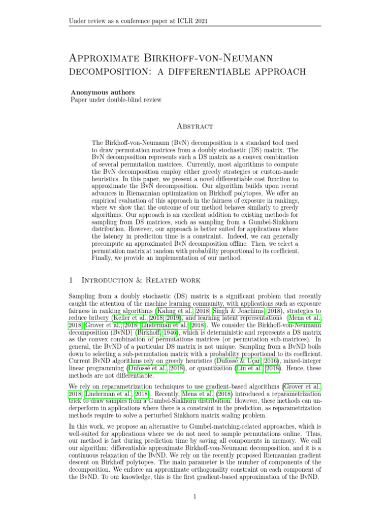 Anon2021 Approximate Birkhoff Von Neumann Decomposition A Differentiable Approach Pdf Matrix