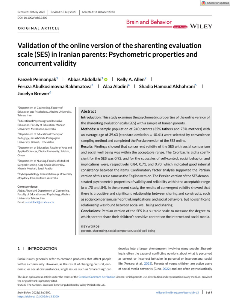 Brain and Behavior - 2023 - Peimanpak - Validation of The Online ...