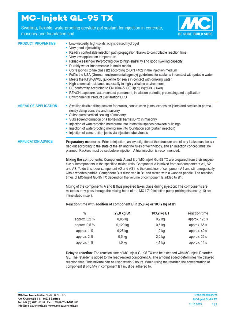 MC-BAUCHEMIE - MC-Injekt GL 95 TX - TDS | PDF | Concrete | Viscosity