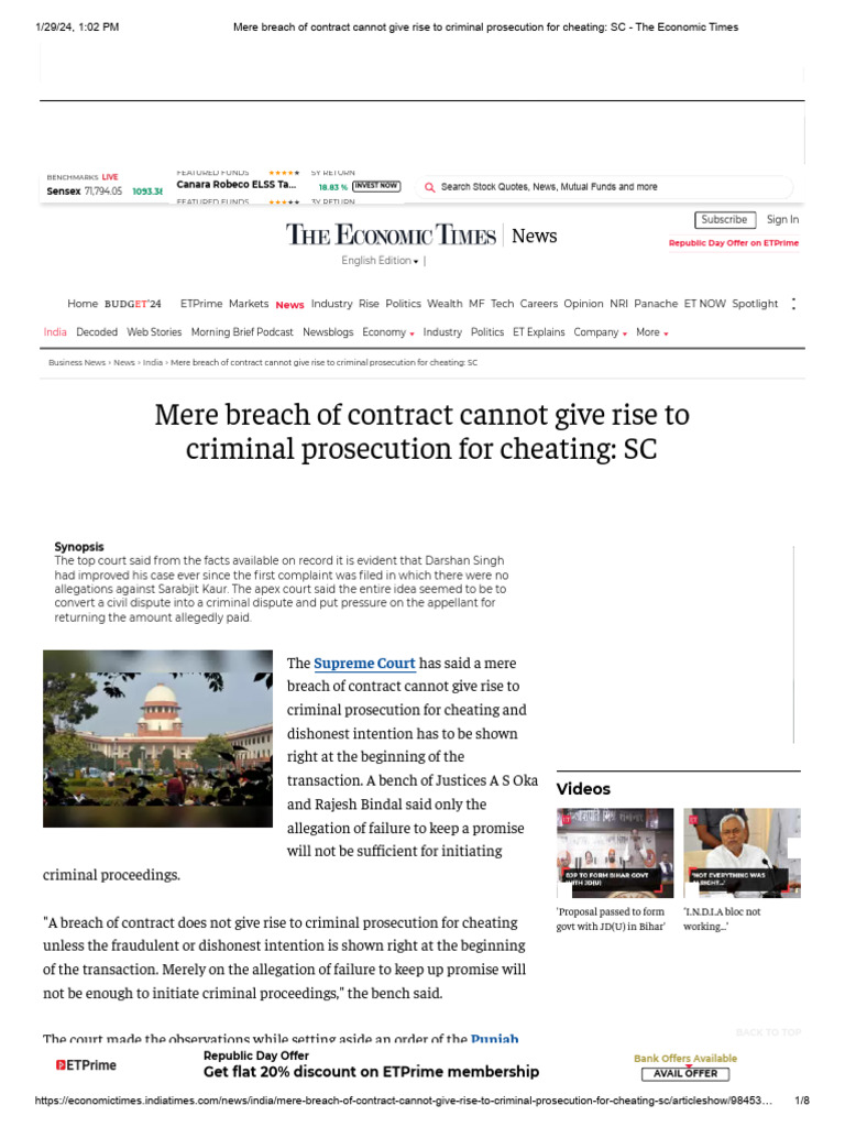 Mere Breach of Contract Cannot Give Rise To Criminal Prosecution For ...