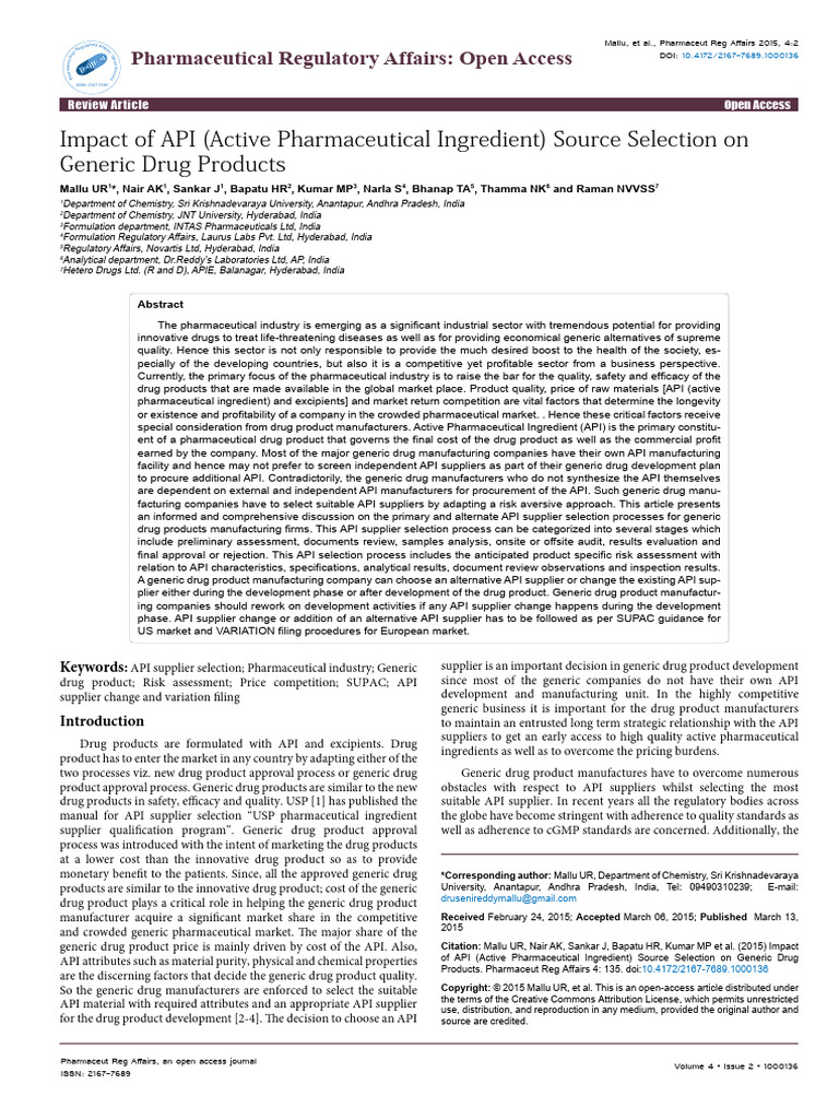 API Supplier Selection for Generics | PDF | Generic Drug | Gas ...