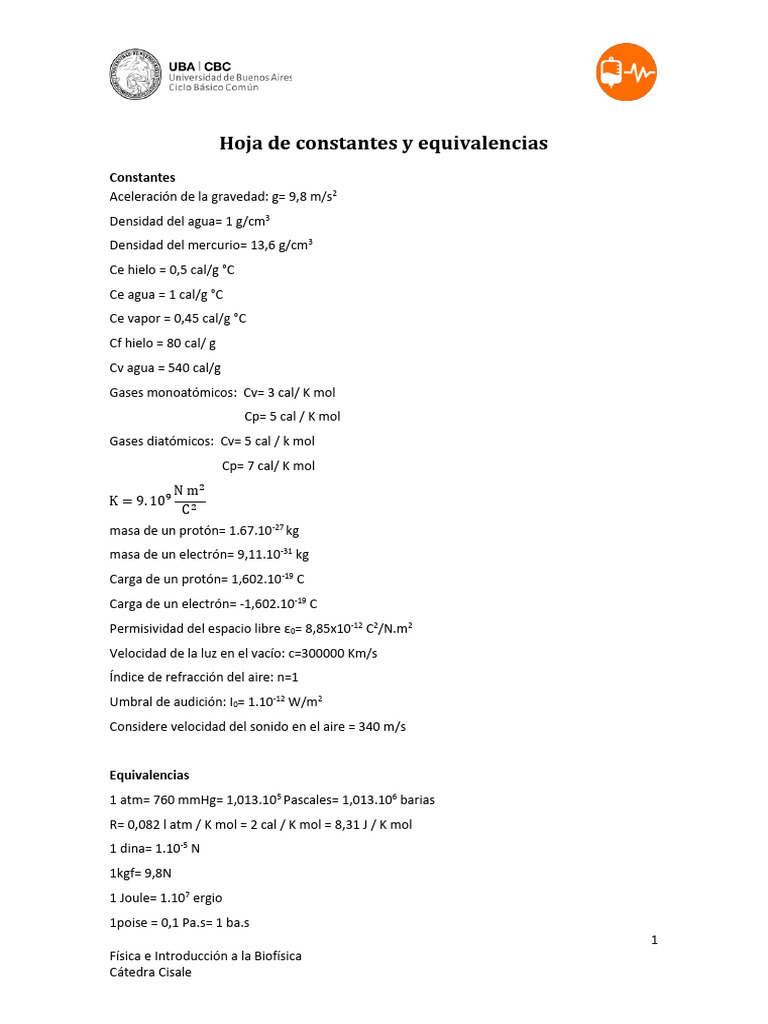 Hoja de Constantes y Equivalencias | PDF | Ciencia y matemáticas ...