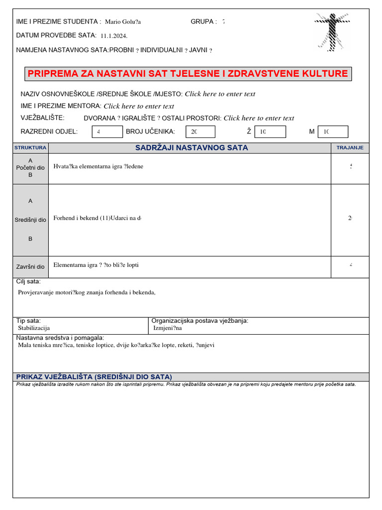 Obrazac NASTAVNIČKE Pripreme Za Nastavni Sat TZK - MG | PDF