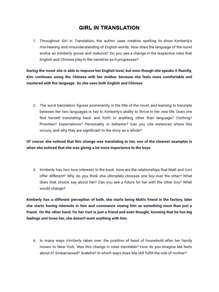 Girl in Translation Discussion | PDF | English Language | Translations