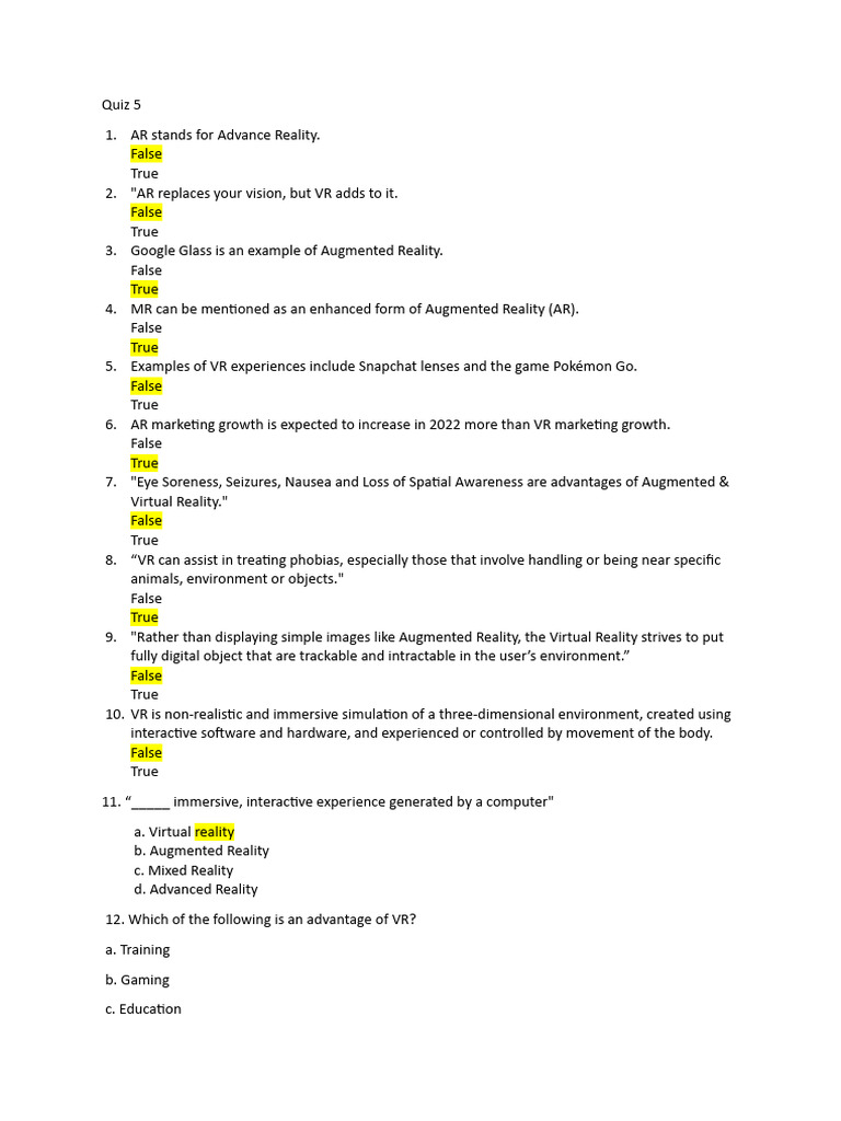 Quiz 5v | PDF | Augmented Reality | Virtual Reality