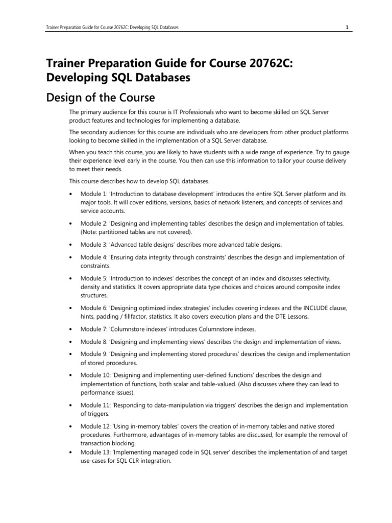 20762C TrainerPrepGuide | PDF | Microsoft Sql Server | Database Index