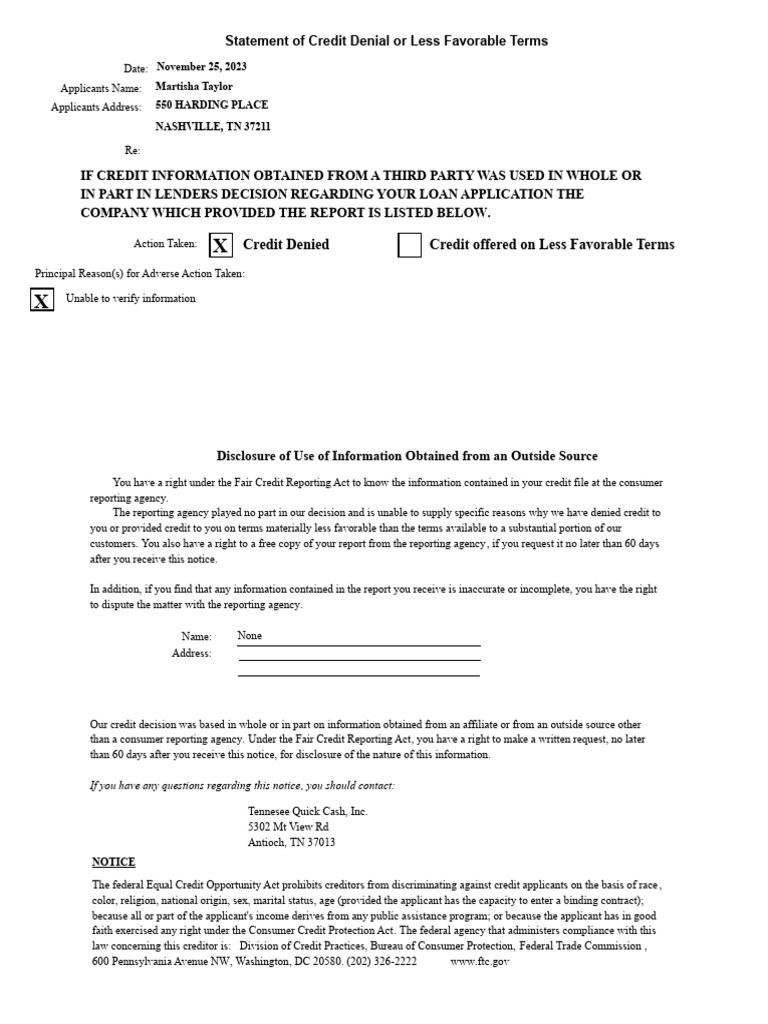 Adverse Action Letter | PDF | Credit Bureau | Credit