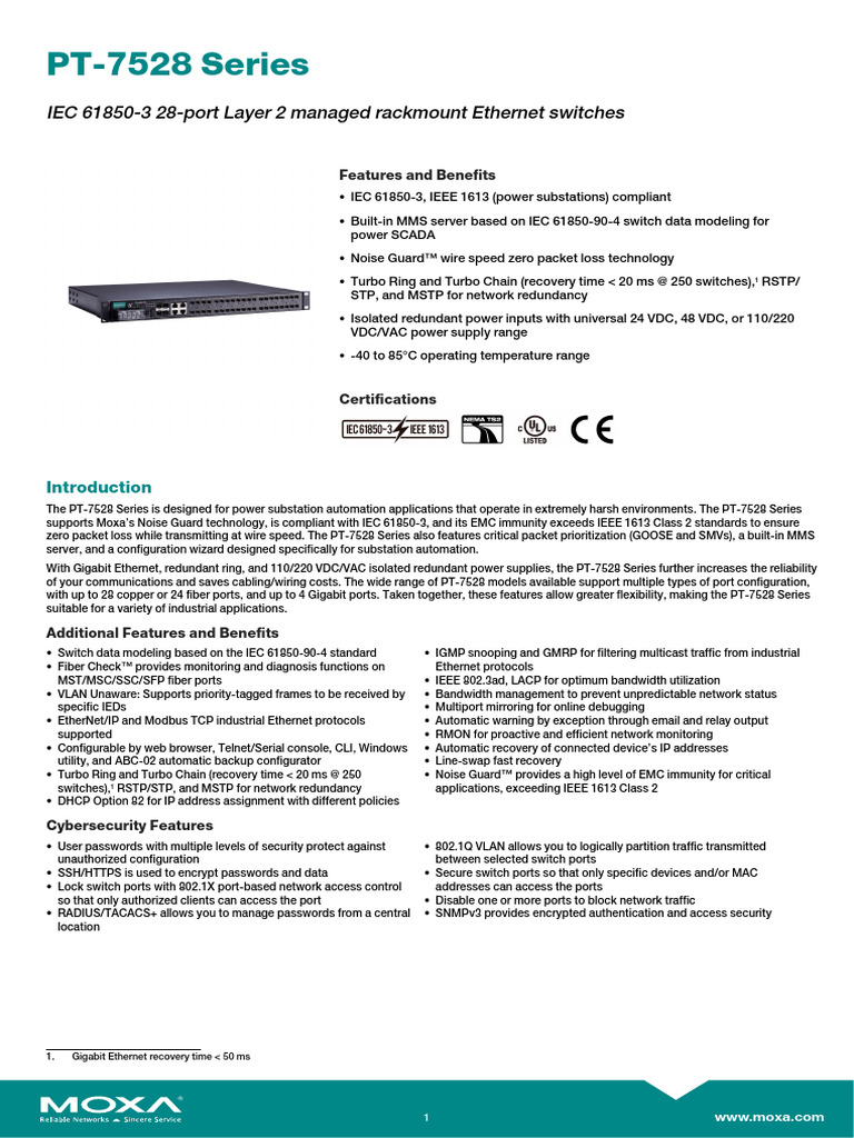 Moxa PT 7528 Series Datasheet v2.0 | PDF | Computer Networking | Networking Standards