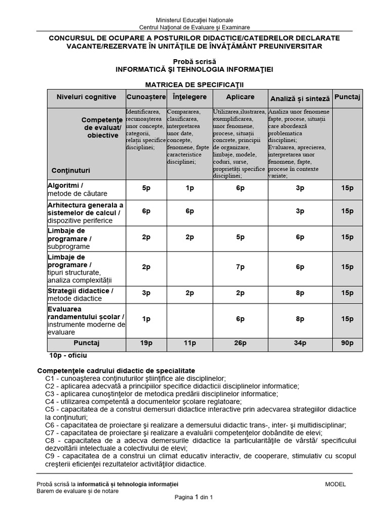 Matricea de Specificatii Titularizare | PDF