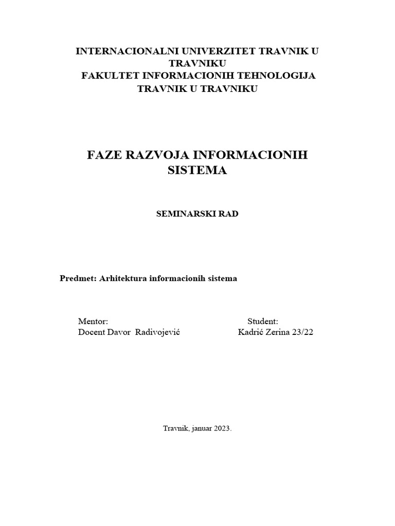 Zerina Kadrić Arhitektura Informacionih Sistema Seminarski Rad | PDF